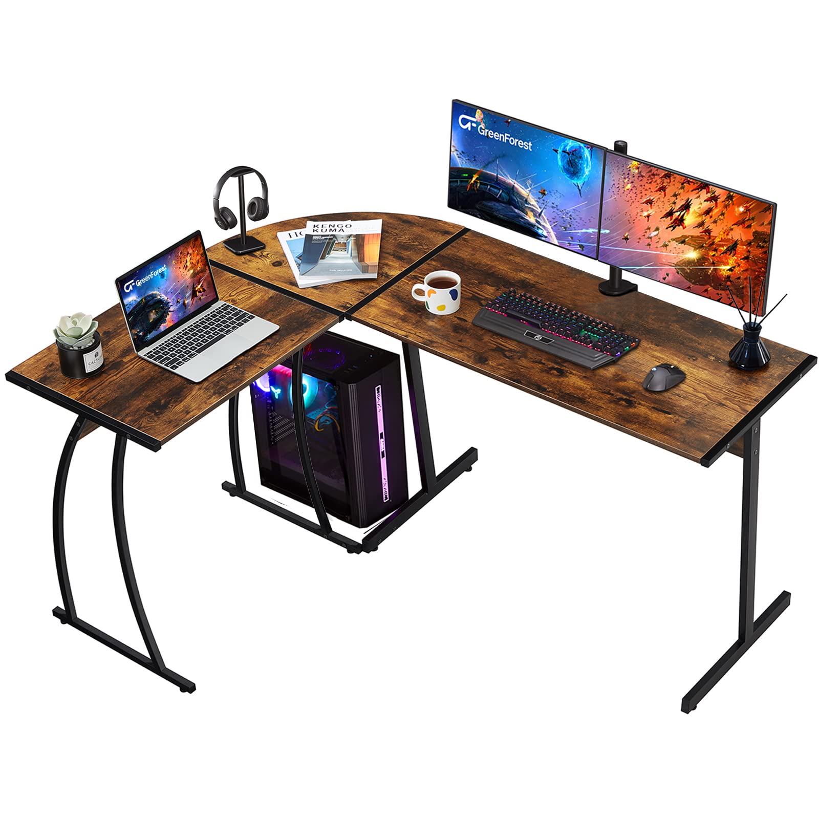 GreenForest L Shaped Gaming Desk 58.1 inch, L-Shape Corner Computer Table, Writing Studying PC Laptop Workstation 3-Piece for Home Office Bedroom Living Room, Rustic Brown