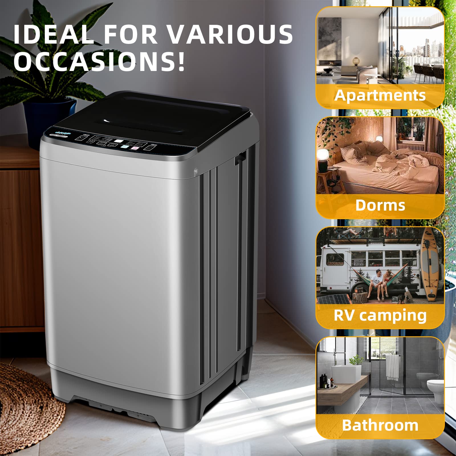Full Automatic Washing Machine, AYCLIF 15.6 lbs Top Load Portable Washer with Drain Pump,10 Wash Programs 8 Water Levels,for Dorm Apartment RV Full-Automatic Washing,Grey