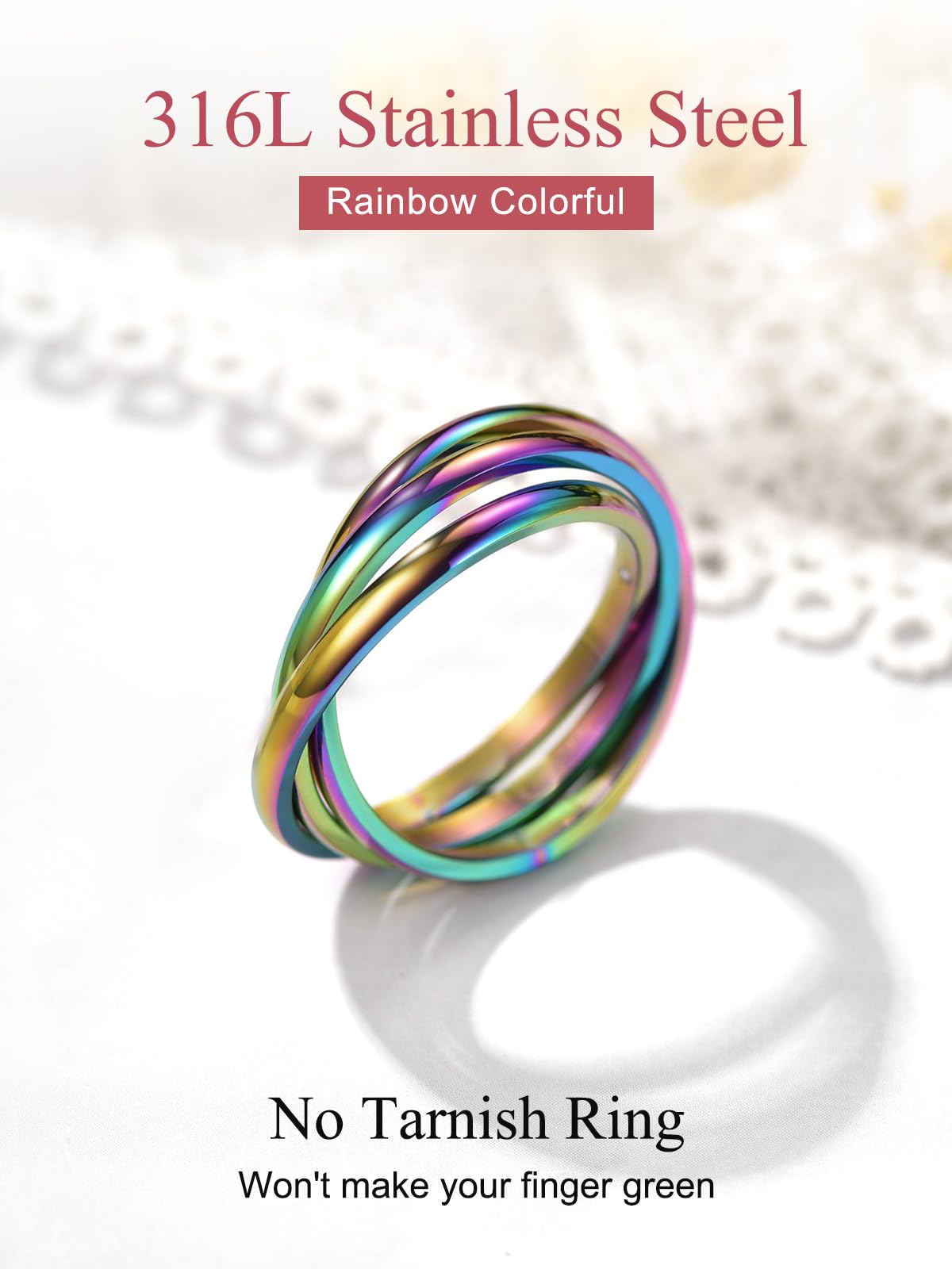 FOCALOOK Womens Rainbow Ring Fashion Fun Ring Triple Interlocked Fidget Ring (Rainbow,8)
