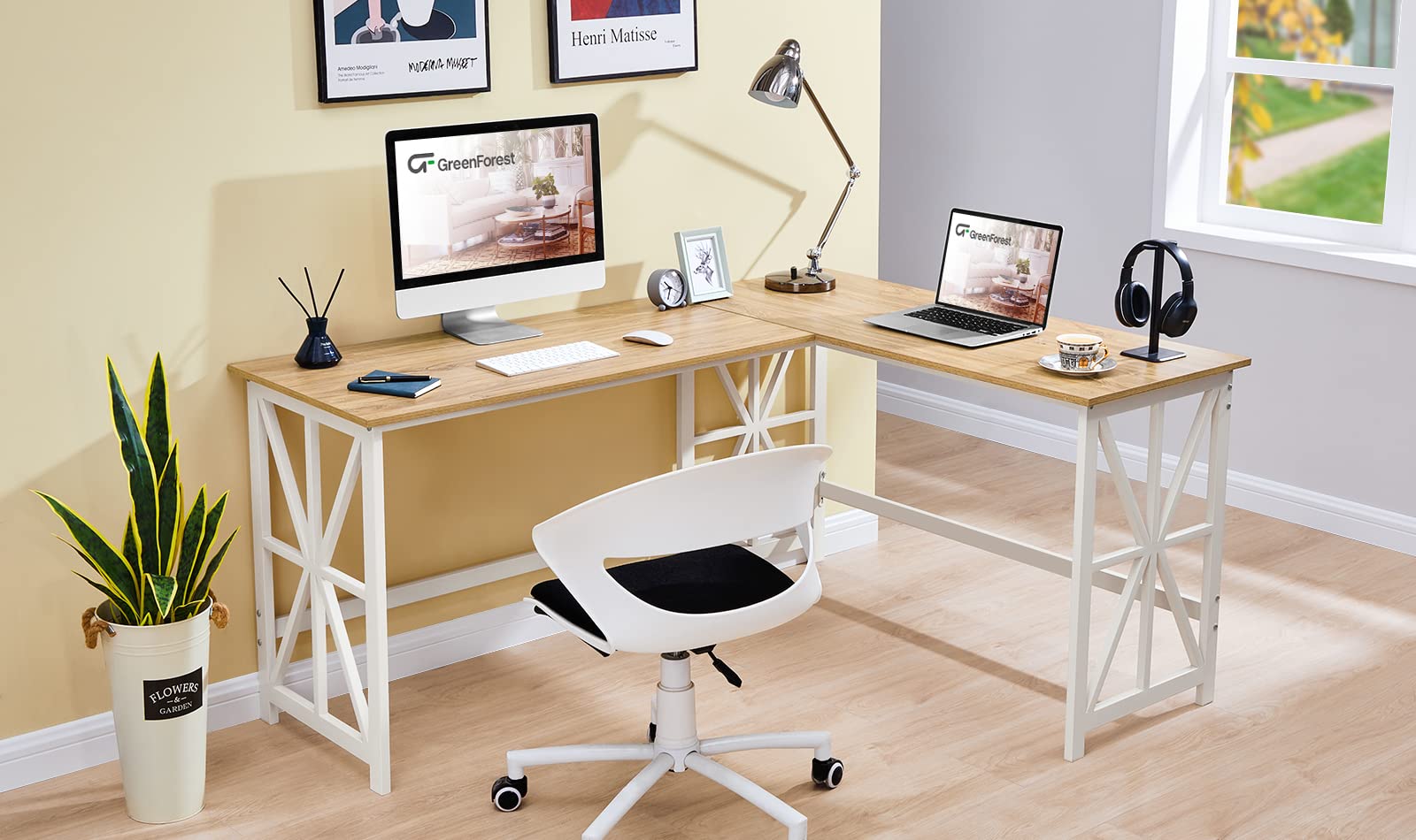 GreenForest Large L Shaped Computer Desk,63.8 x 50 inch Corner Computer Desk for Home Office Industrial Heavy Duty Workstation, Oak