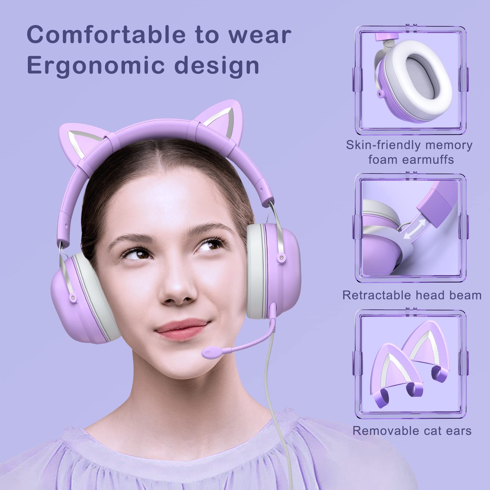 HOLULU Gaming Headset with Removable Cat Ears, Compatible with PC Mobile Phones Tablet, PS5 PS4 Xbox One(Adapter Not Included), with RGB Backlight, Removable Mic, 3.5mm & USB C Plug, Purple