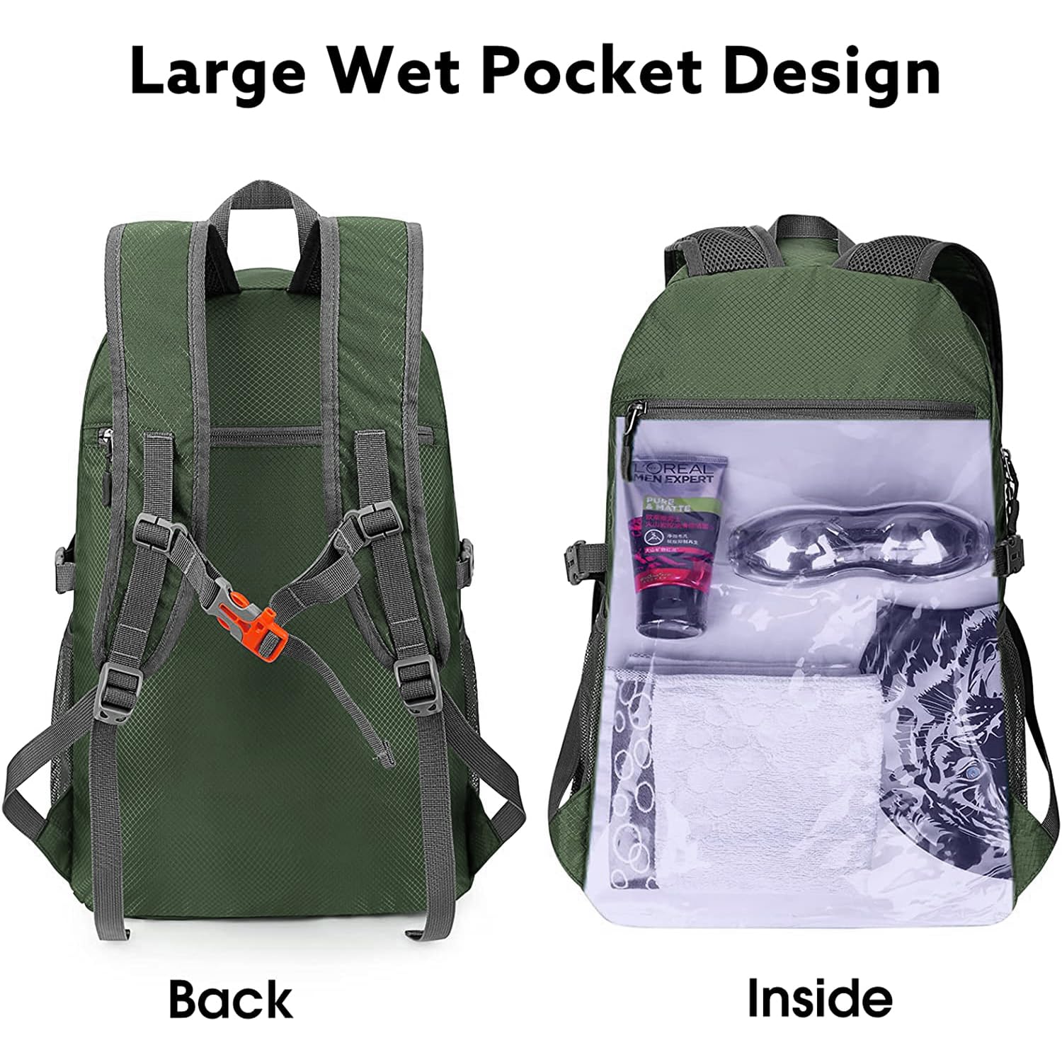 G4Free 40L Lightweight Packable Hiking Backpack with Wet Pocket, Waterproof Handy Foldable Camping Outdoor Travel Daypack