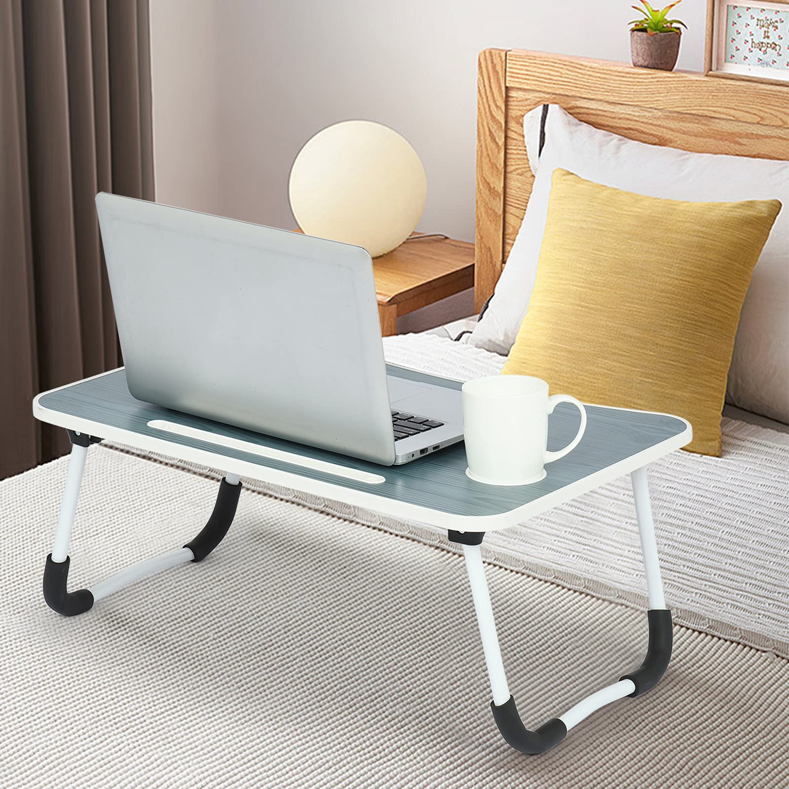 Foldable Laptop Bed Table Multi-Function Lap Bed Tray Table,Portable Bed Tray Table with Drawers Flat Brackets and Water Cup Slots