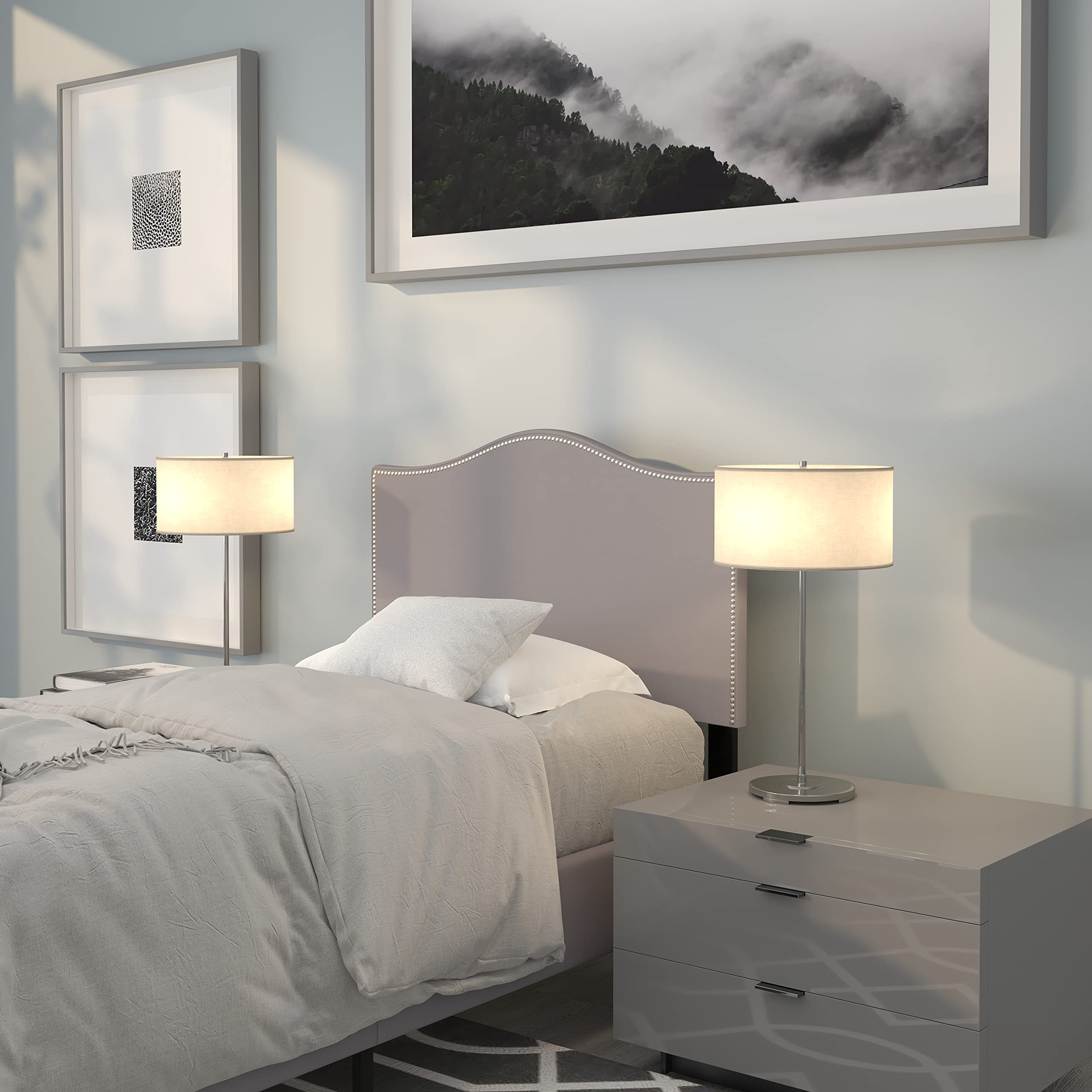 EMMA + OLIVER Upholstered Twin Size Headboard with Nailtrim in Dark Gray Fabric