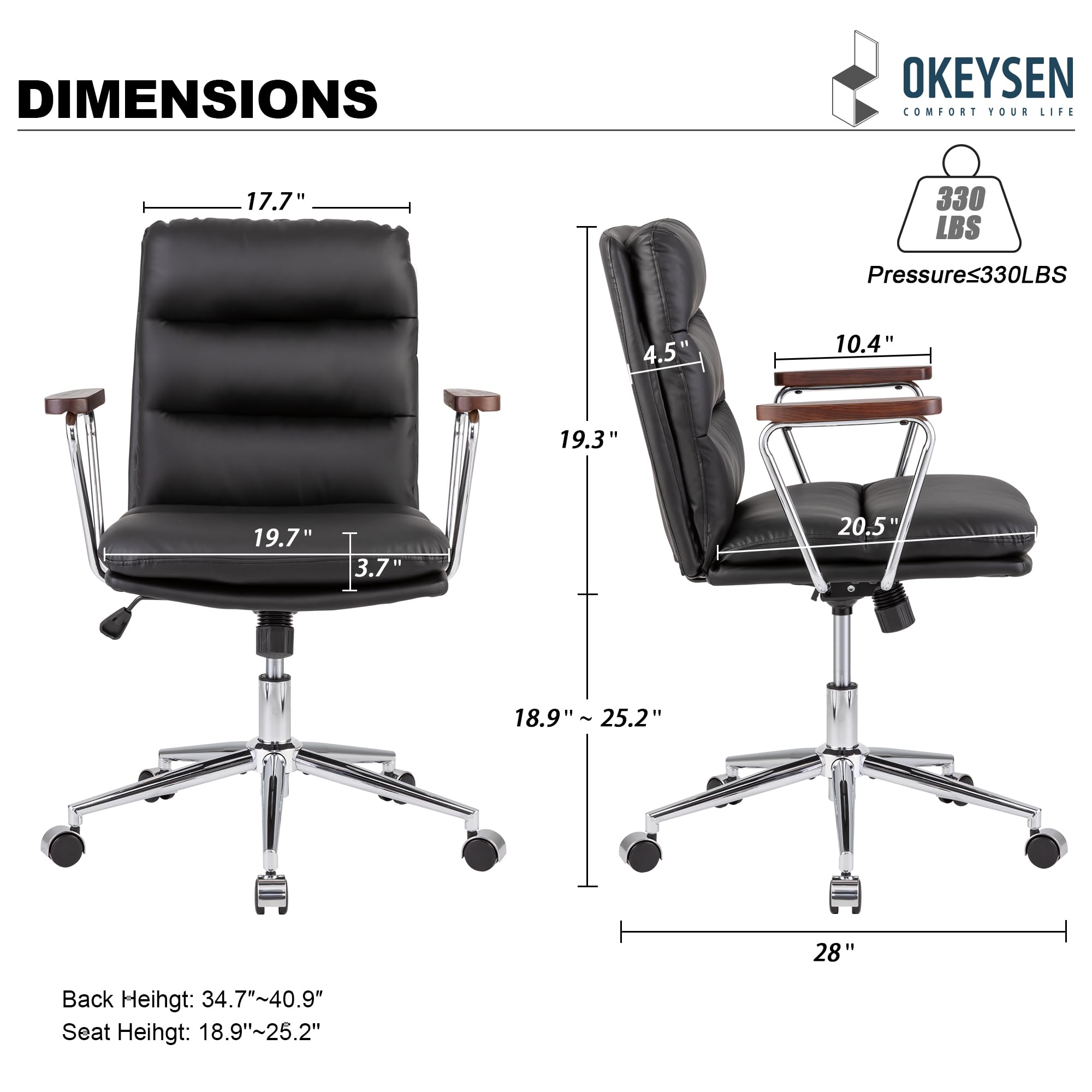 Okeysen Leather Office Chair, Modern Desk Chair with Removable Wooden Armrests, Ergonomic Mid-Back Conference Room Chairs with Wheels, Adjustable Swivel Rolling Chair for Home Office.