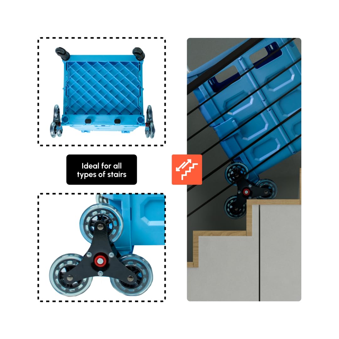 Foldable Rolling carts with Wheels, Heavy Duty Four Wheeled Stair Climber Rolling Utility Collapsible Trolley Pull Cart with Handle Perfect for Office, School, Grocery (Baby Blue)