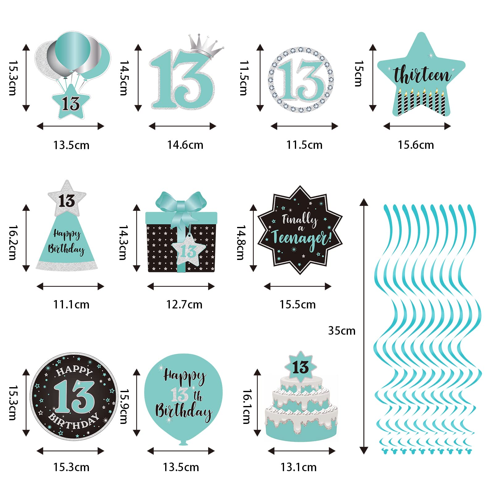 Happy 13th Birthday Party Hanging Swirls Streams Ceiling Decorations, Celebration 13 Foil Hanging Swirls with Cutouts for 13 Years Teal Silver Black Blue Birthday Party Decorations Supplies