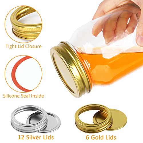 Jaisie.W Mason Jars 16 oz 12Pack with 6 Extra Lids, Glass Pint Canning Jars 16 oz - 16oz mason jars with silver lids and extra 6 gold lids for Canning/Preserving/Meal Prep