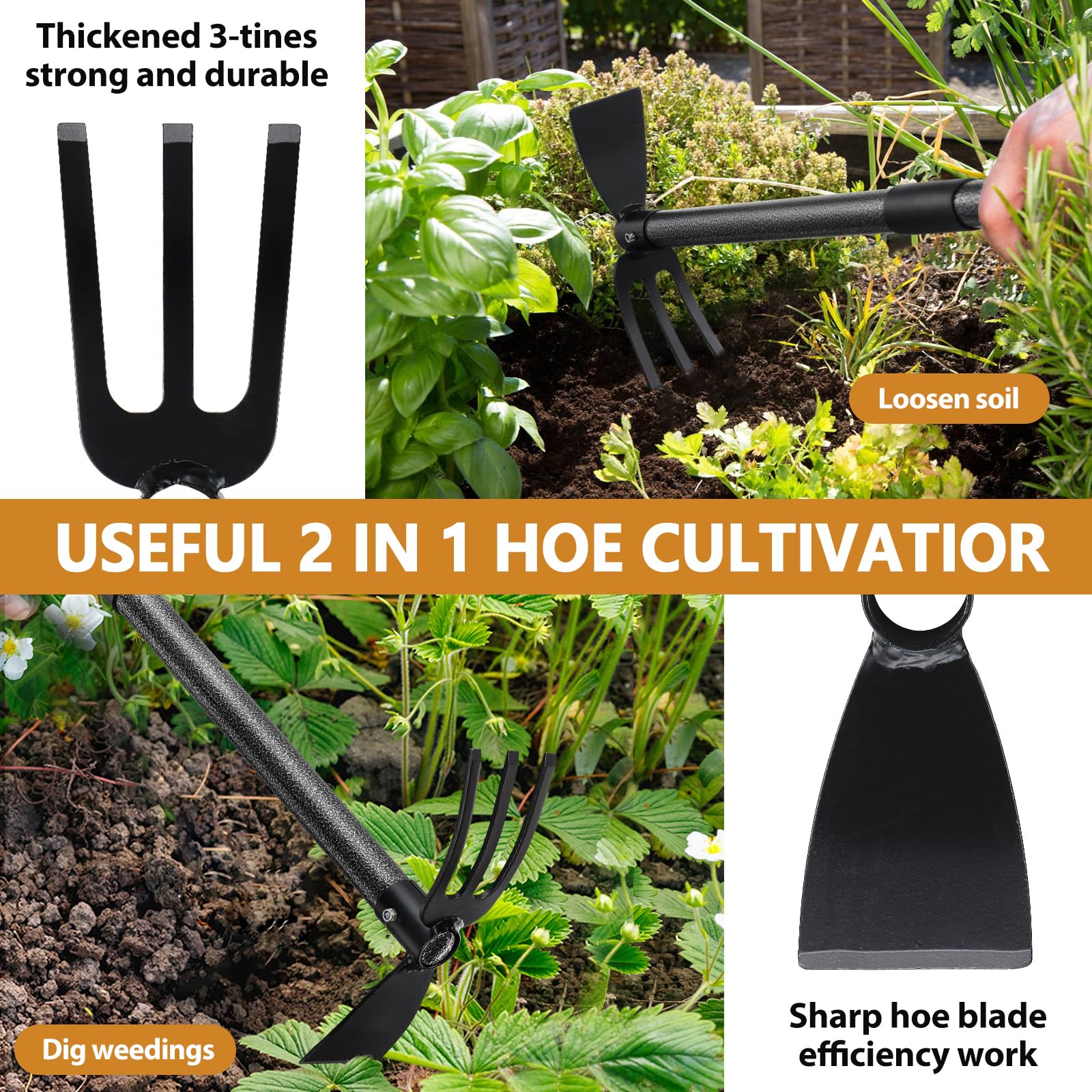 Hoe Garden Tool, Hoe Cultivator 2 in 1 Weeding Tools - 45" Long Handle Stand Up Weeder Hand Tiller, Heavy Duty Weeding Rake for Flower Beds Yard Lawn Gardening Digging Planting