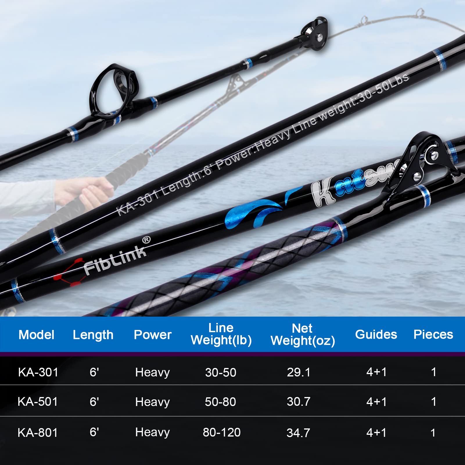 Fiblink 1-Piece Trolling Rod Saltwater Deep Dropper 6-Feet Big Game Rod Conventional Boat Fishing Pole (30-50Lbs)