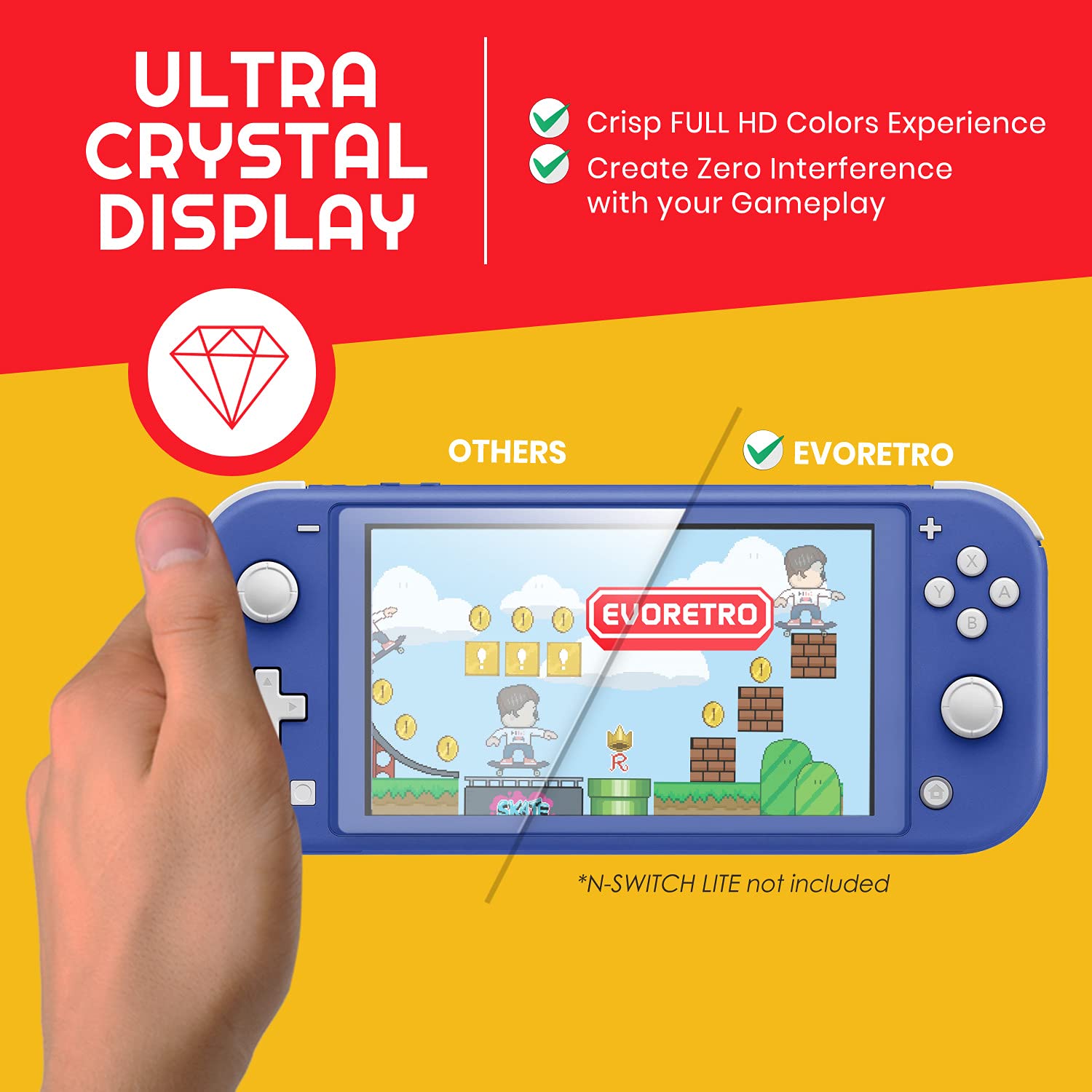EVORETRO Screen Protector Compatible for Nintendo Switch Lite β Ultra Clear Heavy Duty Tempered Glass Protection Kit with High Accuracy Response and Premium Protection (2-Pack)
