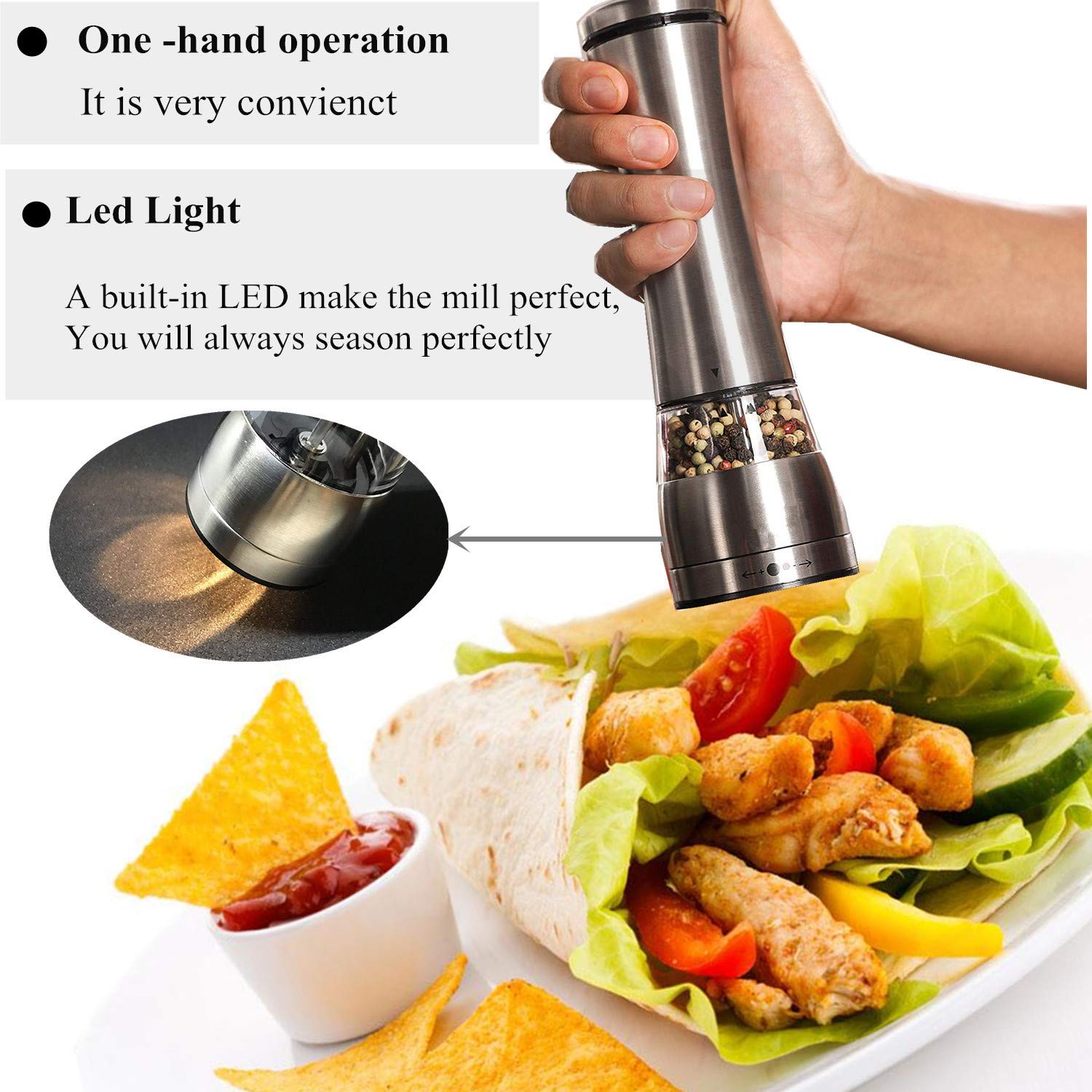 HQGSJ Electric Salt and Pepper Grinder,Battery Operated with LED Light,Stainless Steel Automatic Mill,Adjustable Ceramic Coarseness Salt grinder and pepper Mill (ONE PACK)