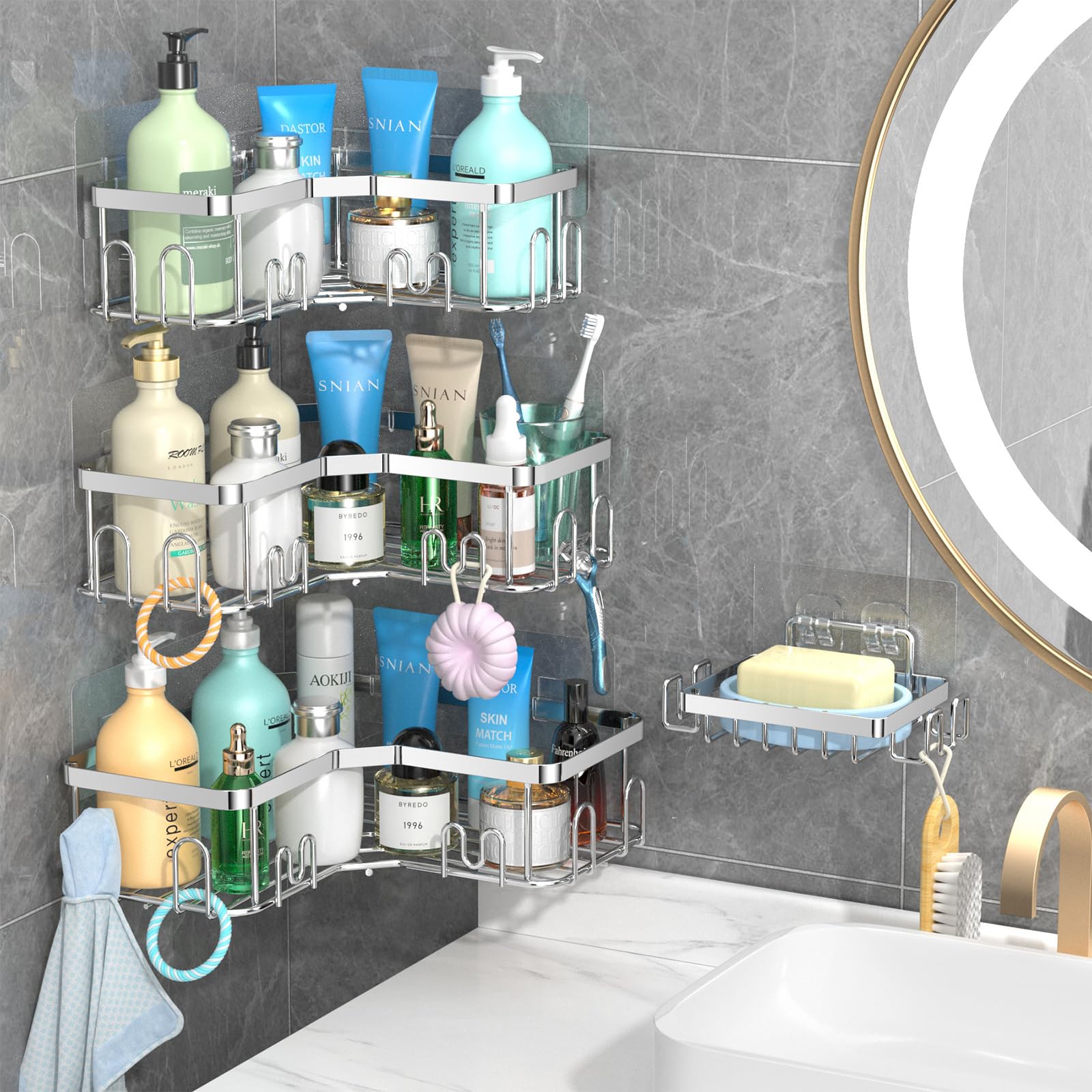 stusgo 4 Pack Corner Shower Caddy with Soap Holder, Adhesive Shower Shelves No Drilling, Rustproof Stainless Steel Bathroom Shower Organizer with Hooks, Shower Shelf for Inside Shower, Silver