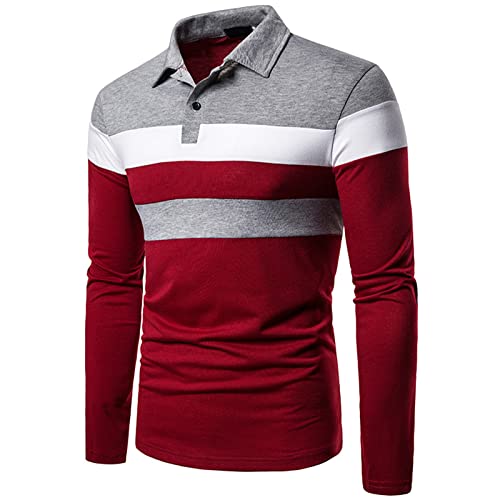 Men's Long Sleeve Polo Shirts Slim Fit Colorblock Shirts Button Down Tops