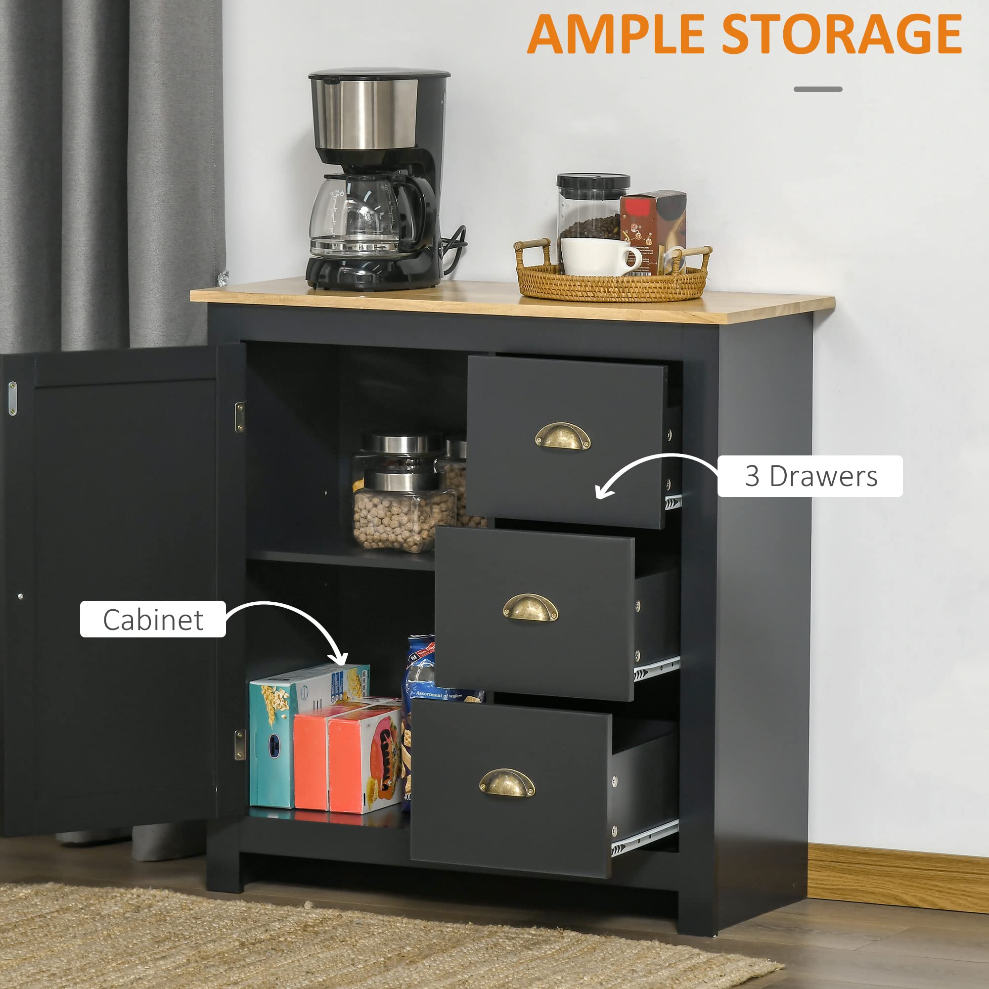 HOMCOM Modern Kitchen Cabinet, Storage Sideboard, Buffet Table with Rubberwood Top, 3 Drawers and Cabinet with Adjustable Shelf, Black