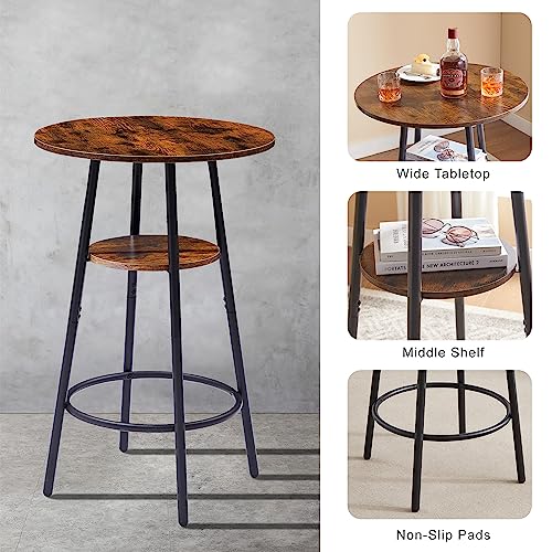 Tensun Bistro Table and Chairs Set of 2, Pub High Top Round Table and Chairs Set with Upholstered Cushion, Storage Shelf and Backrest, 3-Piece Bar Stool Set for Breakfast Nook, Rustic Brown