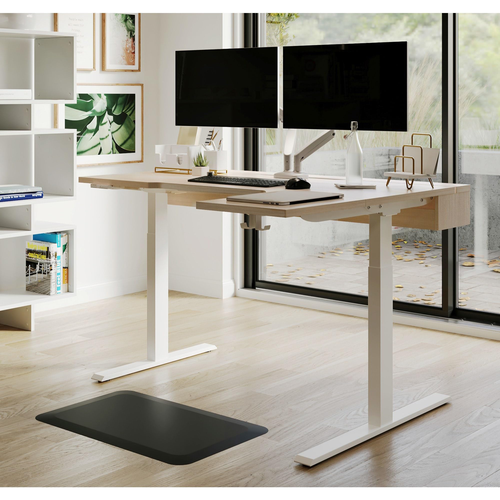 RealspaceĀ® Koru Electric 59"W L-Shaped Height-Adjustable Standing Desk with Integrated Power & Charging, Natural Oak
