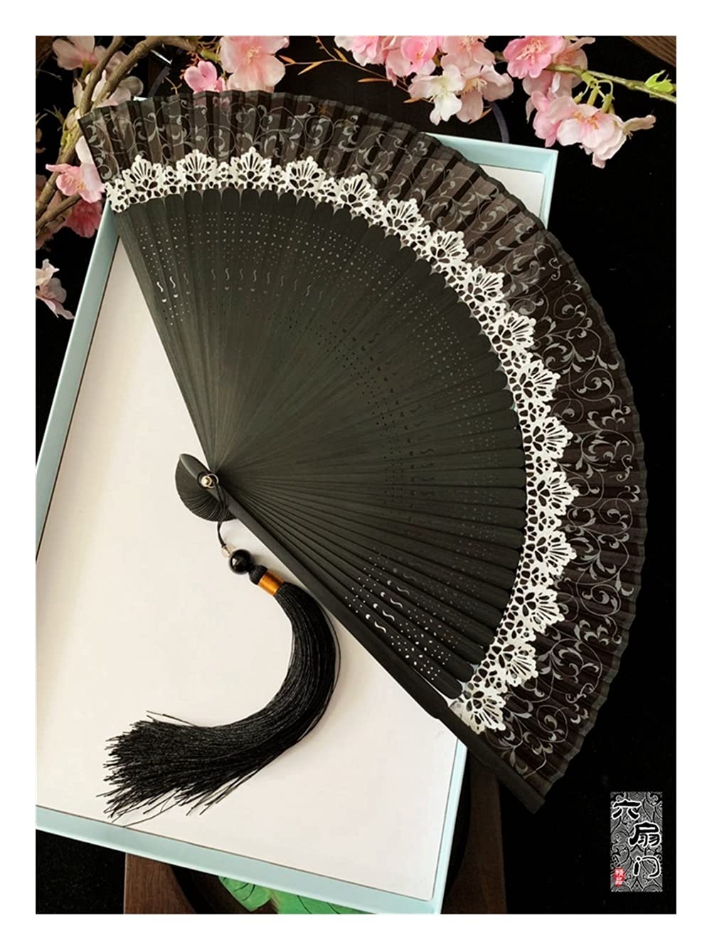 Folding Fan Chinese Style Ancient Style Bamboo Handle Folding Fan Juan Cloth Female Fan Cherry Blossom Portable Jump Dance Fan Fan (B 21Cm)