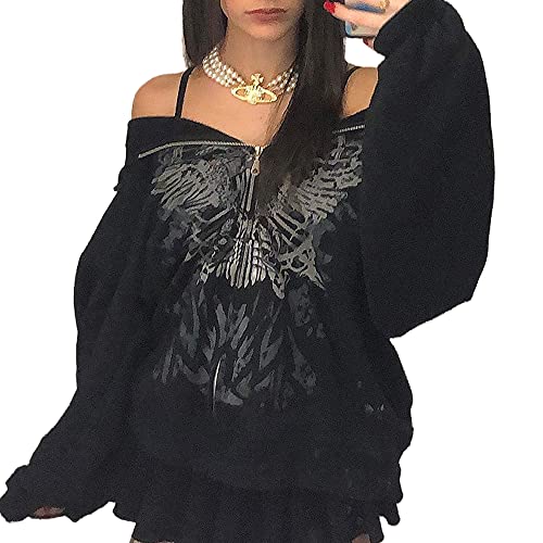 SOLILOQUY Women Zip Up Hoodie Y2k Vintage Graphic Oversized Hooded Sweatshirt Jacket Grunge Fairycore Coats Harajuku Streetwear (H-Black, Large)