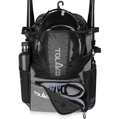 Youth Baseball Bag With Shoes Compartment and Fence Hook Holds Bat, Glove, T-Ball & Softball Equipment, Backpack for Boys and Girls (Grey)