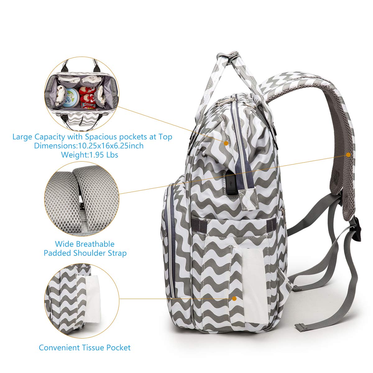 Erdoran Diaper Bag Backpack, Multifunction Waterproof Travel Backpack Maternity Baby Changing Bags with Insulated Pockets Stroller Straps and Built-in USB Charging Port, Large Capacity, Stripe