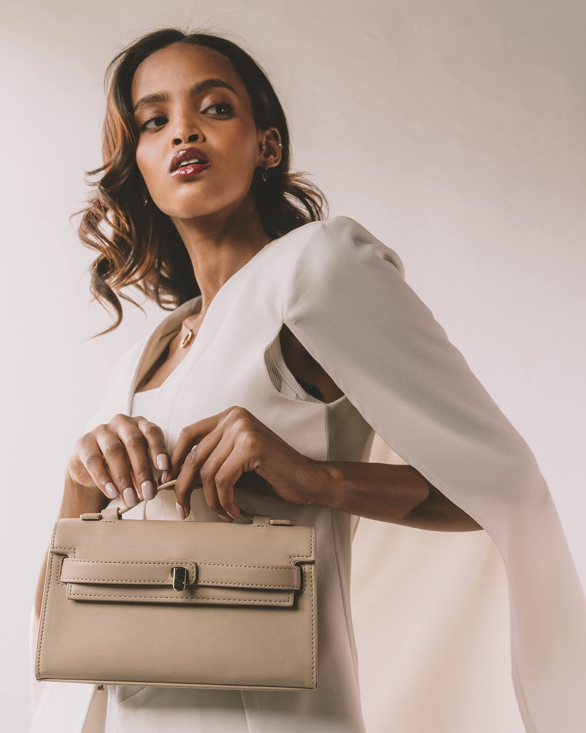 Levantine Women's KENDA Mini Flap Crossbody, handbag, top handle bag (Beige)