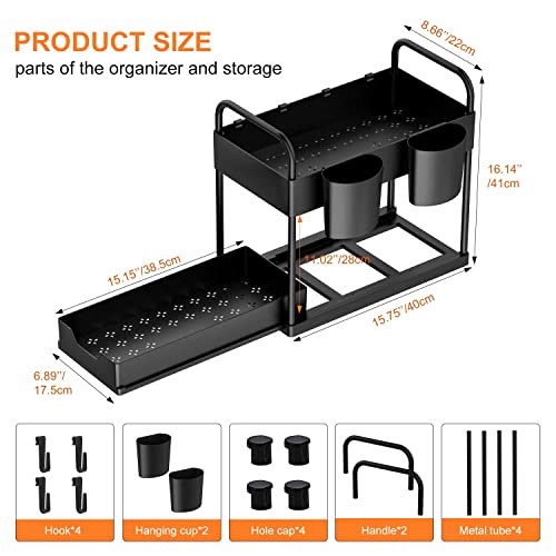 YOWOMTA Under Sink Storage Organizers,2-Tier Sliding Cabinet Drawer Organizer for Bathroom Kitchen,Pull Out Cupboard Organization Basket with Hooks,Hanging Cups,Handles