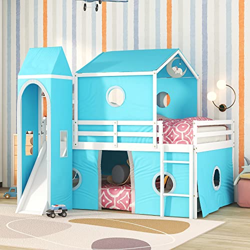 RORIGAT Castle Full Size Bunk Bed,Solid Wood Low Loft Bed Frame with Windows Slide, Tent and Tower,Bunk Bed for Kids Bedroom,Blue