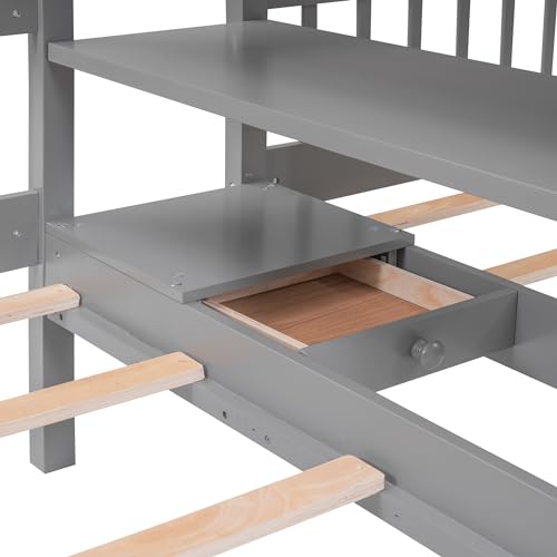 RORIGAT Twin&Twin Triple Bunk Bed with Large Wardrobe, Drawers and Shelves Storage, Wooden L-Shaped Bunkbed Frame w/Mirror for 3 Kids Teens Adults Bedroom, Full/Twin/Twin,Gray
