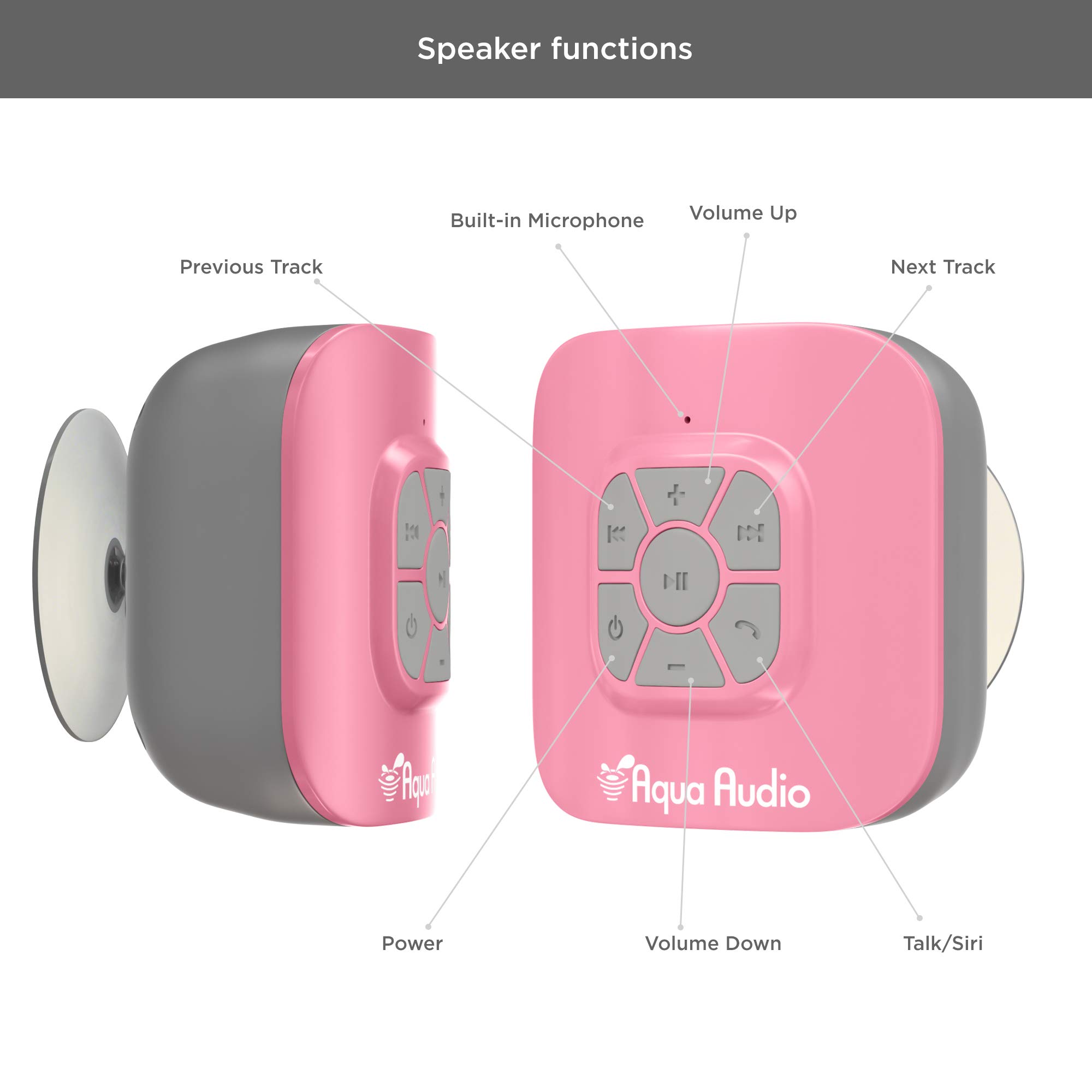 Gideon Portable Waterproof Bluetooth Speaker with Suction Cup - 10 Hours Playtime/Built-in Mic (Pink)