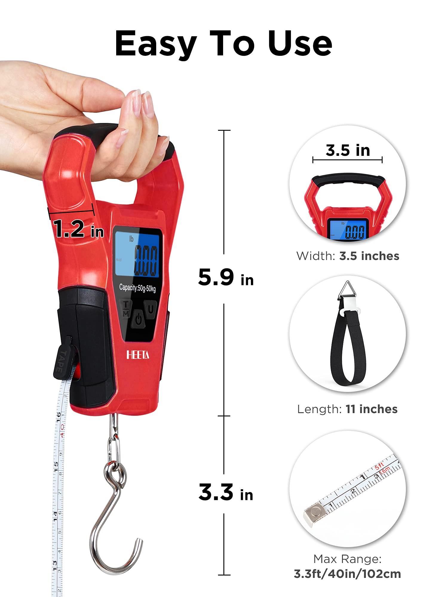 HEETA Waterproof Fish Scale Digital with Backlit LCD Display, 110lb/50kg Portable Hanging Scale Fishing Scale for Home and Outdoor, Measuring Tape and 2 AAA Batteries Included (Red)