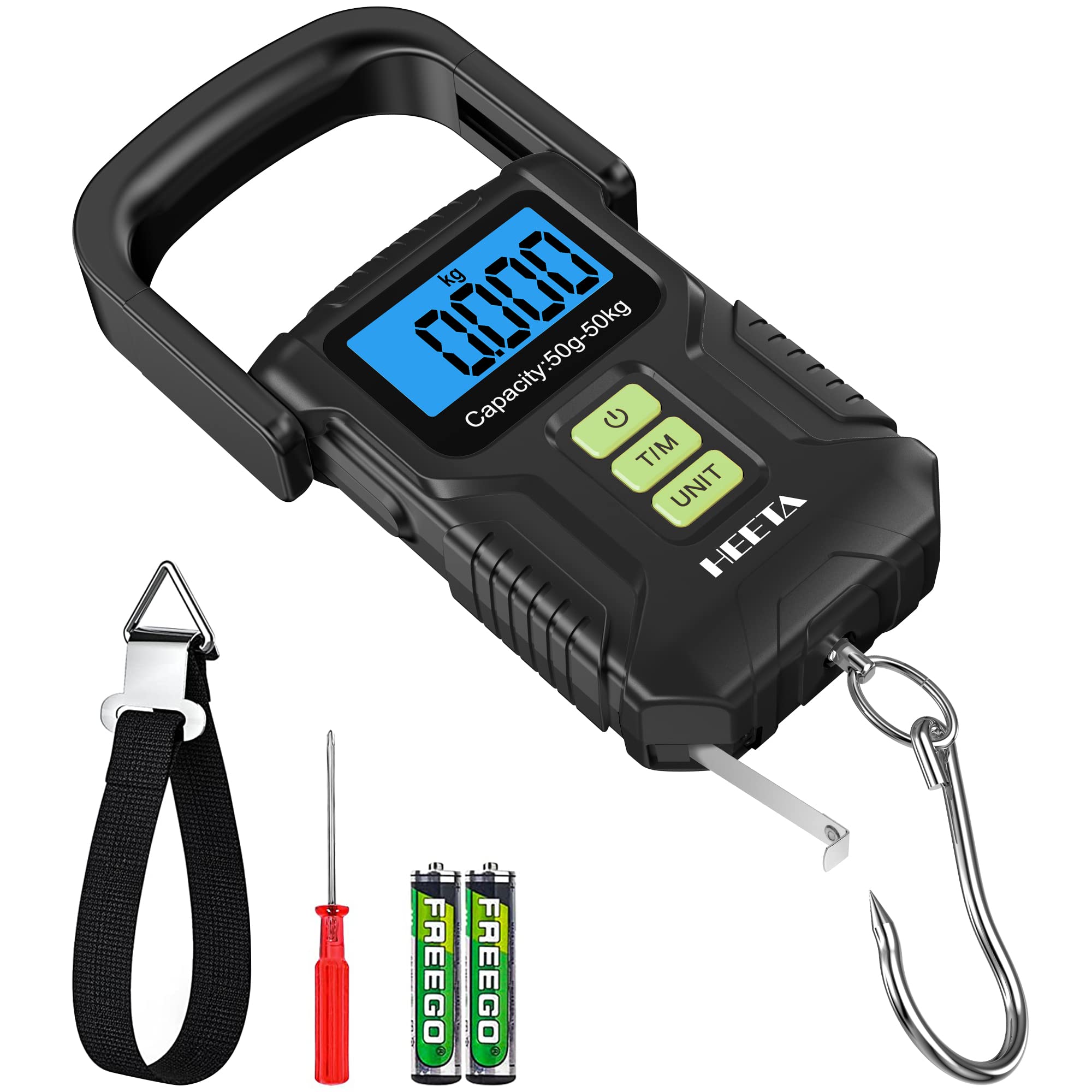 HEETA Waterproof Fishing Scale, Digital Fish Scale 110lb/50kg with Memory Function, Portable Hanging Luggage Scale with Fluorescent Button, 40β Ruler, Backlit LCD Display- Weight Scale, Black