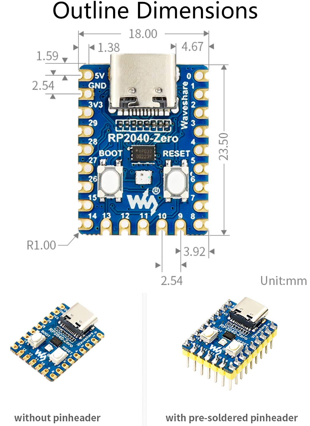 waveshare RP2040-Zero Mini Board with Pre-Soldered Header,Pico-Like MCU Board Based on Raspberry Pi MCU RP2040 Dual-Core Arm Cortex M0+ Processor Support C/C++, MicroPython