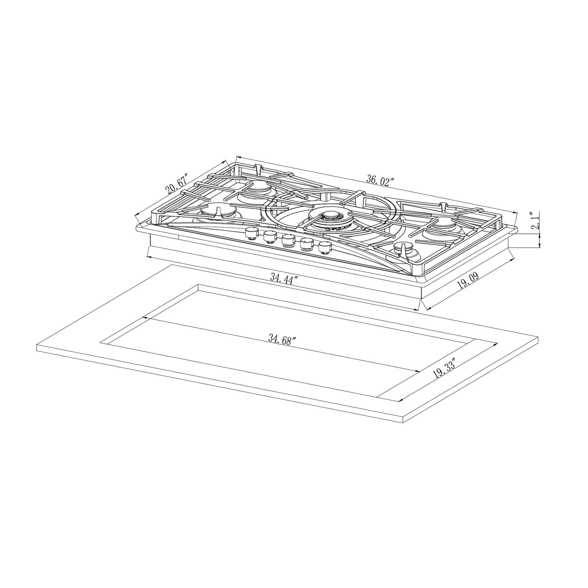 Empava 36 in. Gas Stove Cooktop with 5 Sealed Burners-Heavy Duty Continuous Grates-NG/LPG Convertible, 36 Inch, Stainless Steel