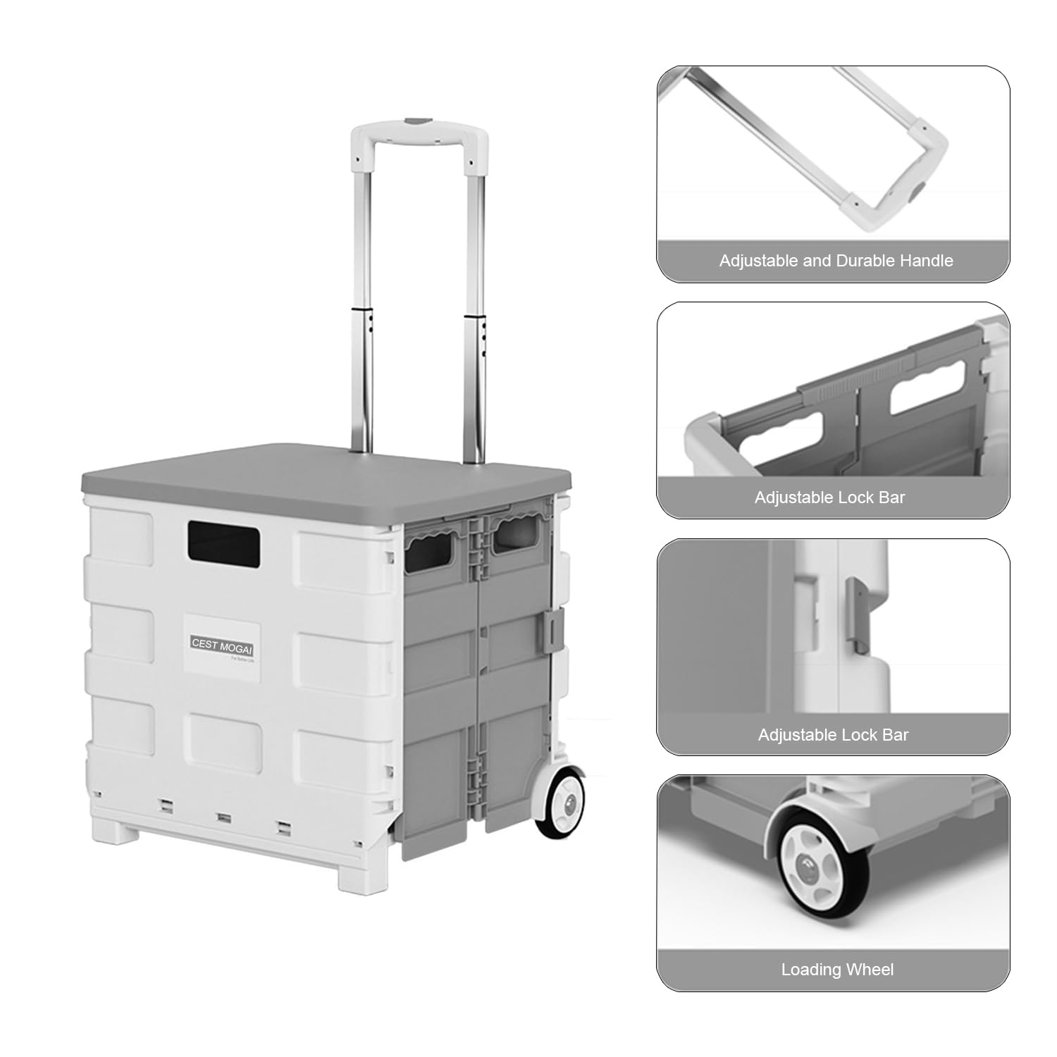 Folding Utility Cart with Wheels, Portable Rolling Trolley Hand Cart with Telescopic Handle, Durable and Collapsible Rolling Crate for Home Office Travel Schools Warehouse Camping Picnic, Grey