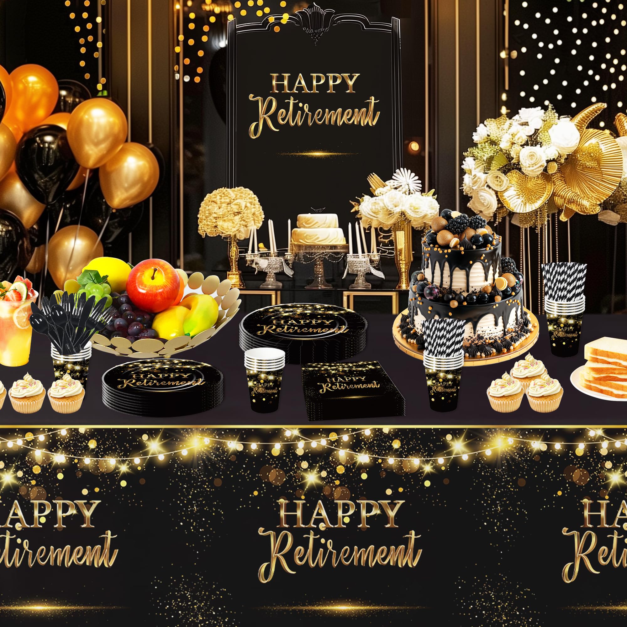 Suhelkit 3 Pack Retirement Decorations Party Supplies Tablecloth - Happy Retirement Decorations Table Cover for Men Women, Gold Black Retirement Party Decorations Table Cloth,54in x 108in