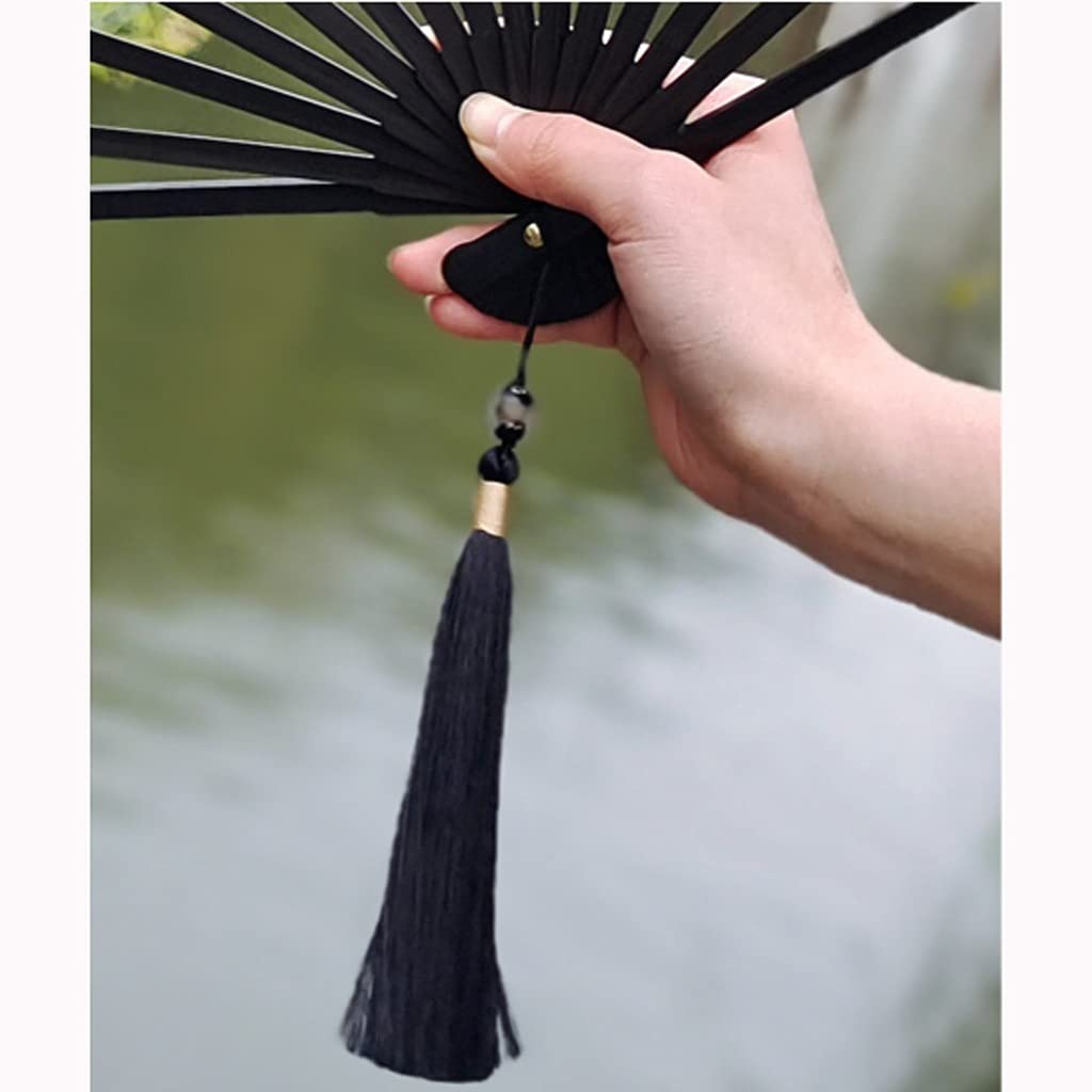 Folding Fan Hand Fan Boy Domineering Folding Fan Chinese Style Ancient Costume Retro Large Portable Hanfu Accessories Antique Fan (Black)