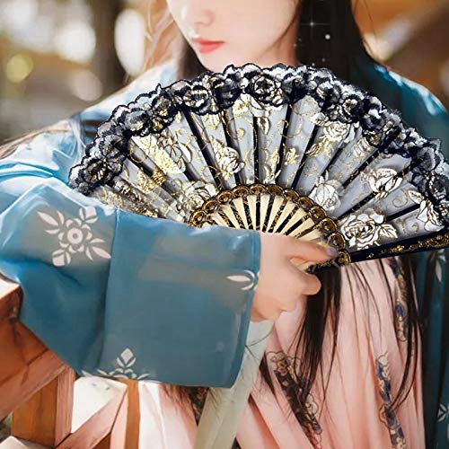 Folding Fan Rose Flower Lace Fans Chinese Style Dance Wedding Party Bridal Hand Fan Folding Fan Decoration (Color : Light Grey)