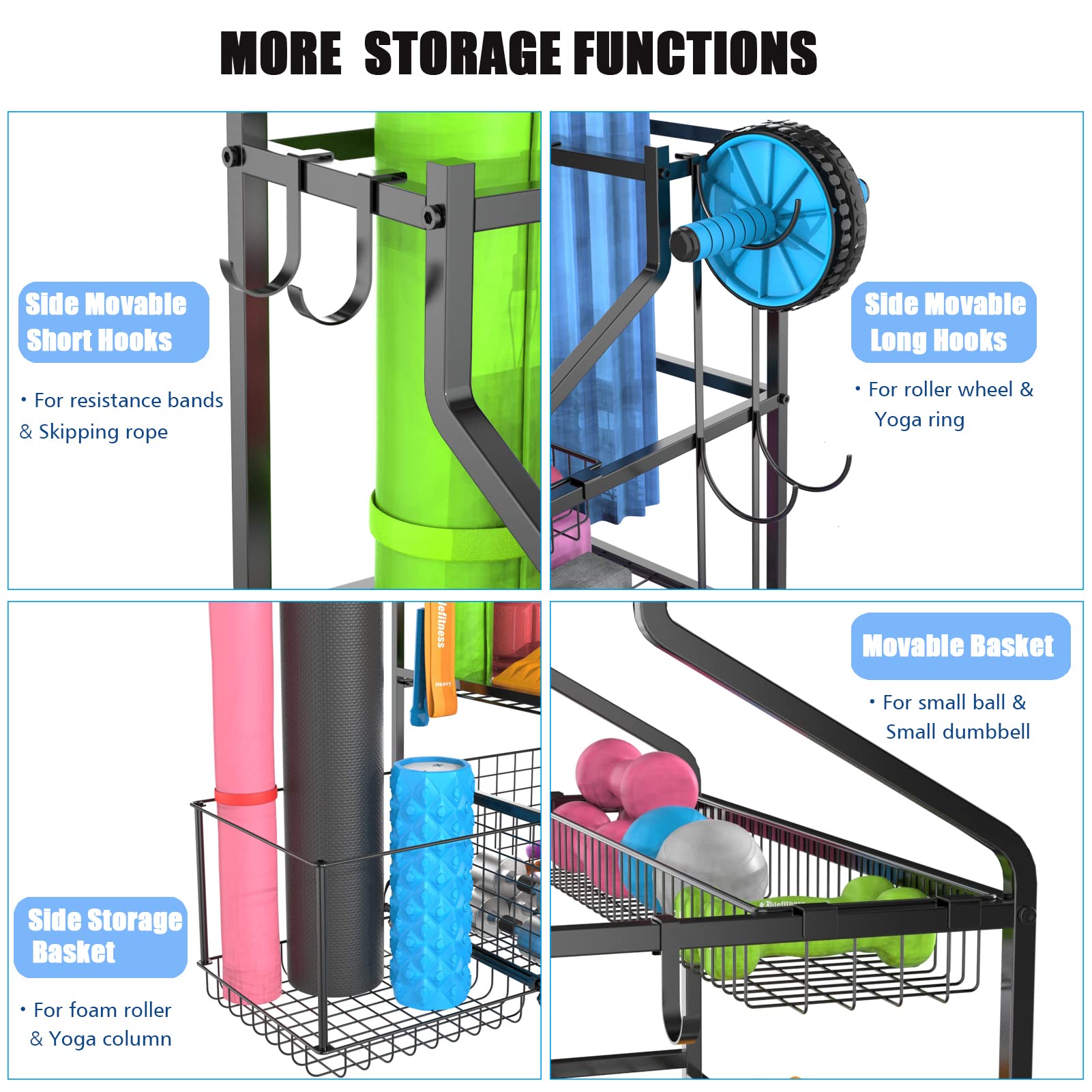 Home Gym Storage, Bergfore Yoga Mat Storage Racks, Gym Rack Organizer for Dumbbells Kettlebells Foam Roller, Yoga Strap and Resistance Band, Workout Equipment Storage Organizer with Wheels and Hooks