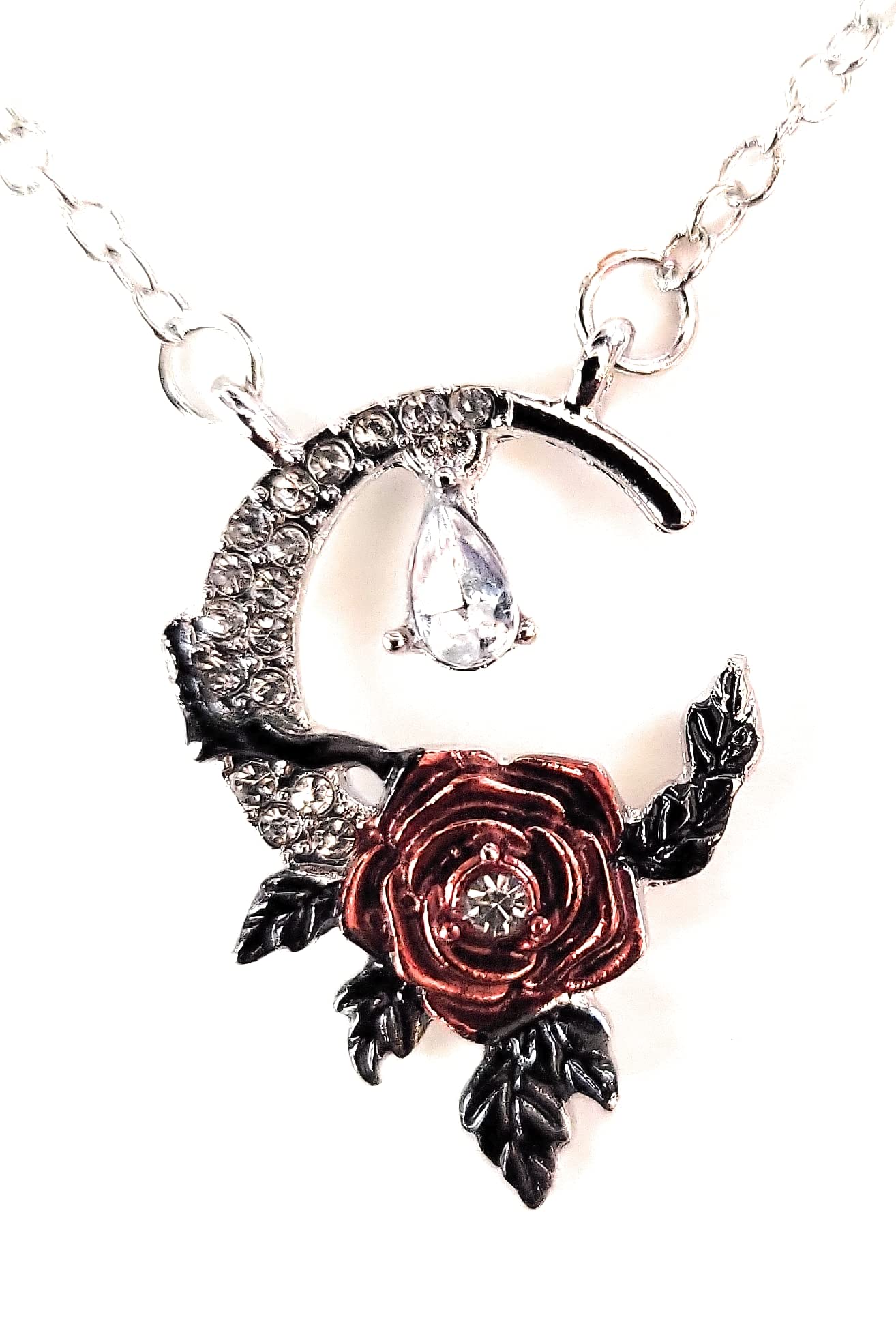 Gorgeous Rose Pendant Necklace with Crescent Moon, Chain & Lobster Claw Clasp, 18in chain