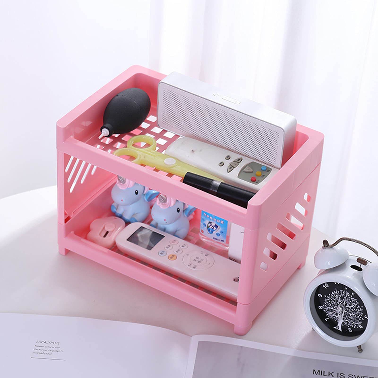 XINGWANG Double-Layer Desktop Storage Rack, Foldable Office Stationery Storage Rack,Kitchen Seasoning Storage Rack, Bathroom Cosmetic Storage Rack (Pink, 2-Layer)