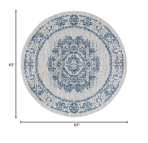 Unique Loom Outdoor Traditional Collection Area Rug - Timeworn (5' 3" Round, Blue/ Gray)