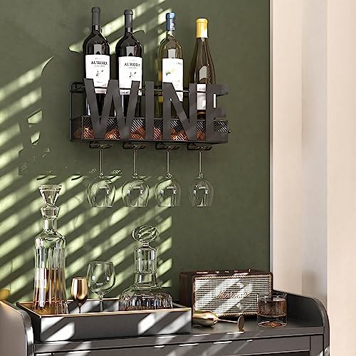 SODUKU Wall Mounted Metal Wine Rack 4 Long Stem Glass Holder & Wine Cork Storage Wine
