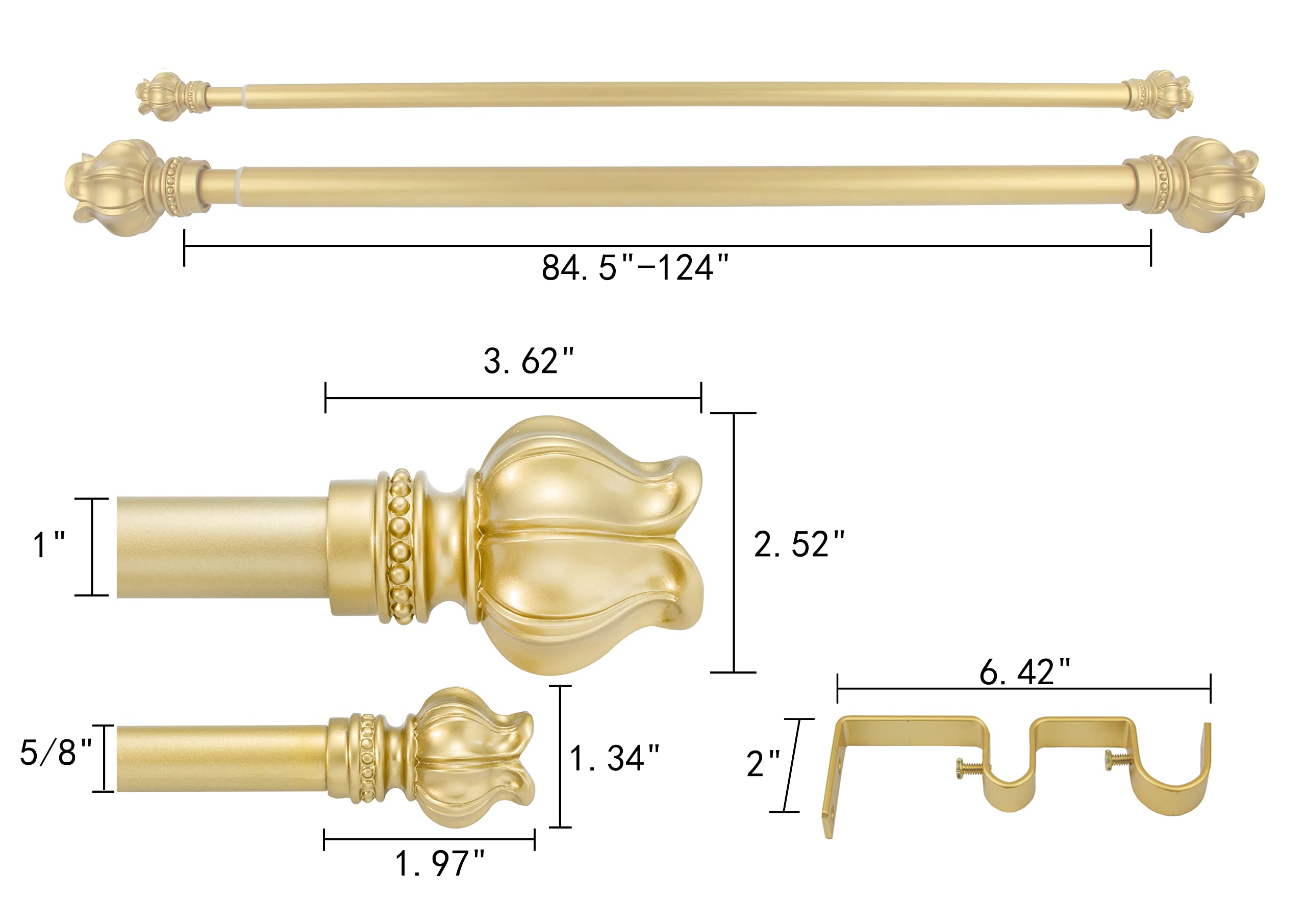 DMNLTT 1-Inch Double Curtain Rod, Flower Finial,84-inch to 120-inch Adjustable,Golden, 84''-120''