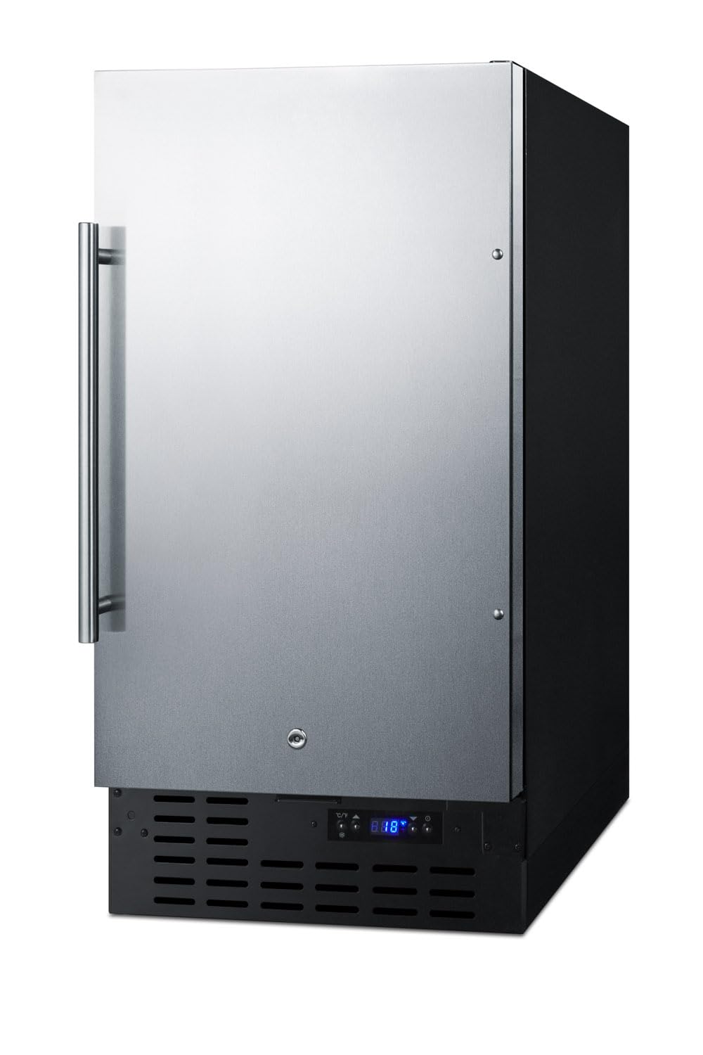 Summit Appliance BIM18SS 18" Wide Frost-Free Icemaker in for Built-in or Freestanding Use with Stainless Steel Door and Black Cabinet, Factory Installed Lock, Digital Thermostat, Digital Display