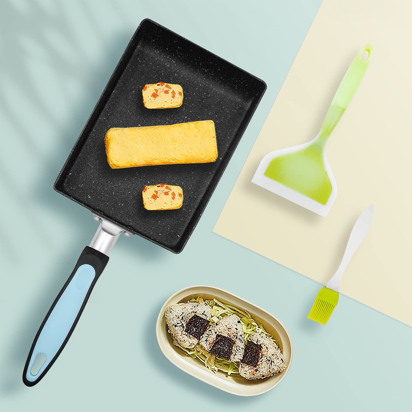 Japanese Tamagoyaki Omelette Egg Pan(blue), 7" x 6" inch Non-stick Coating Retangle Small Frying Pan, Gas Stove and Induction Hob Compatible, Dishwasher Safe, with Silicone Spatula & Brush(green)