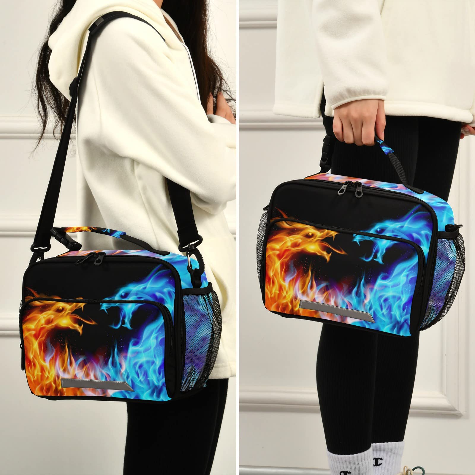 KFBE Gold Flame Kids Lunch Box Insulated Blue Dragon Lunch Bags Cooler Tote Bag with Removable Shoulder Strap for Boy Girl Student (20824031), One Size