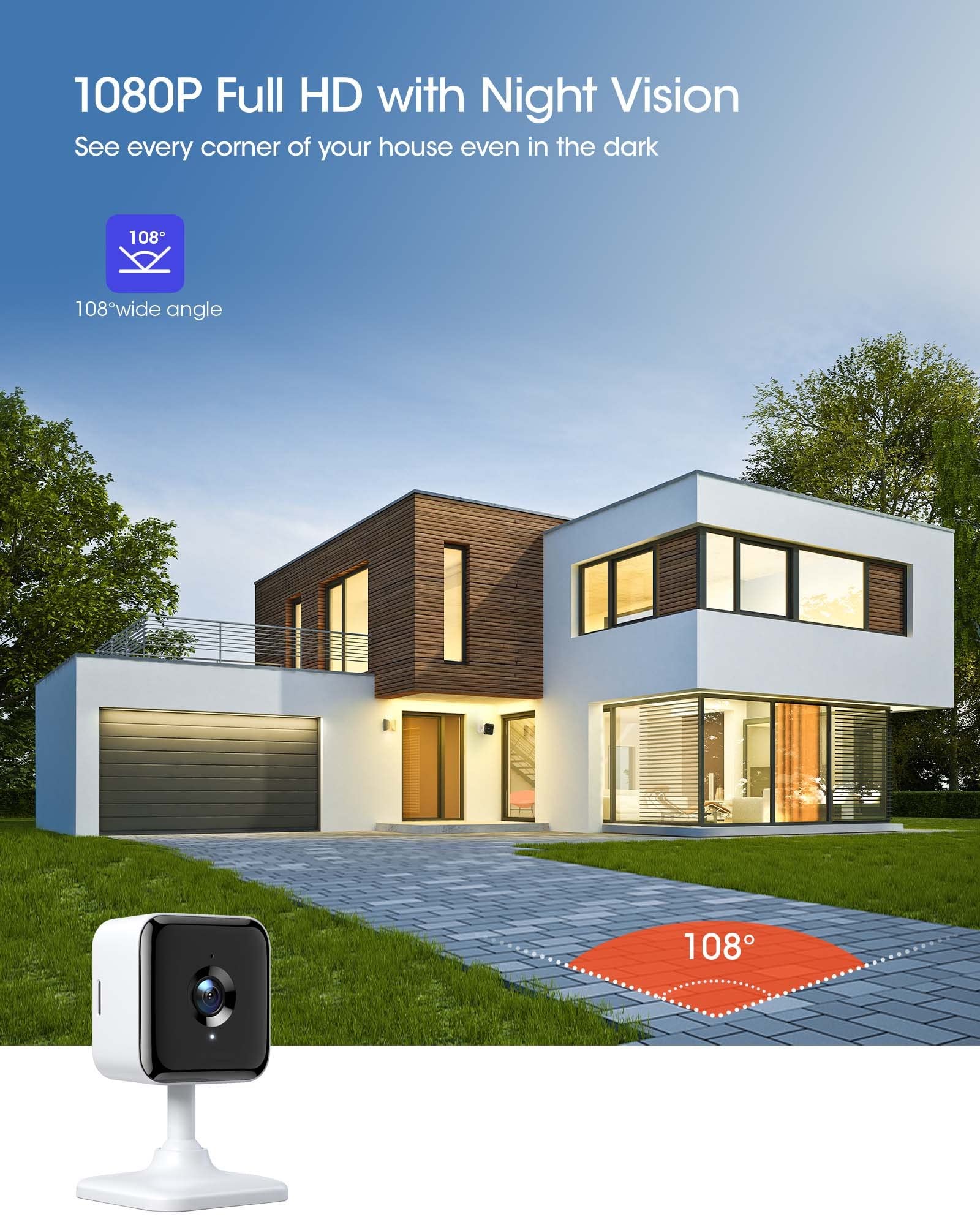Xbro Security Camera/Baby Monitor, 1080P HD Indoor Camera Includes Night Vision, Motion &Sound Detection, 2-Way Audio, Cloud & SD Card Storage, Compatible with Alexa and Google Assistant