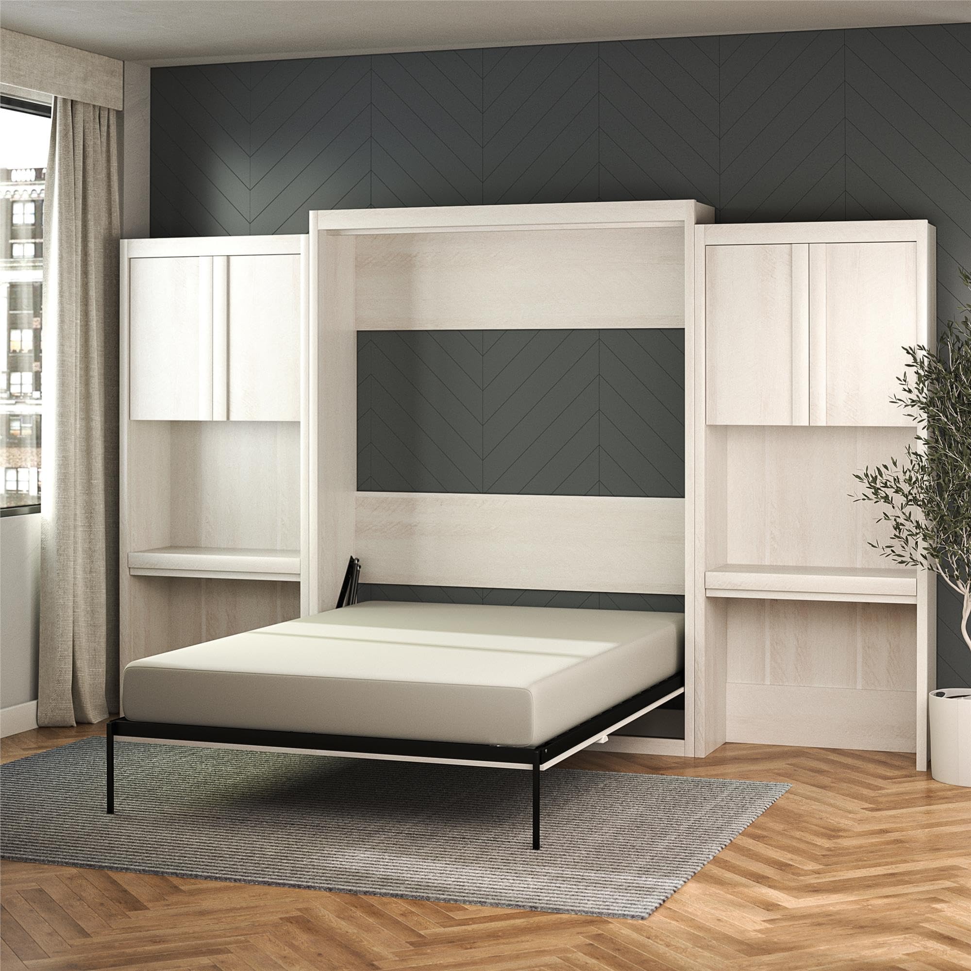 REALROOMS Halstead Multi-Functional Queen Size Fold-Out Murphy Bed with 2 Side Desk Storage Cabinets and Slide-Out Vanity Drawers for Bedroom or Guest Room, Ivory Oak