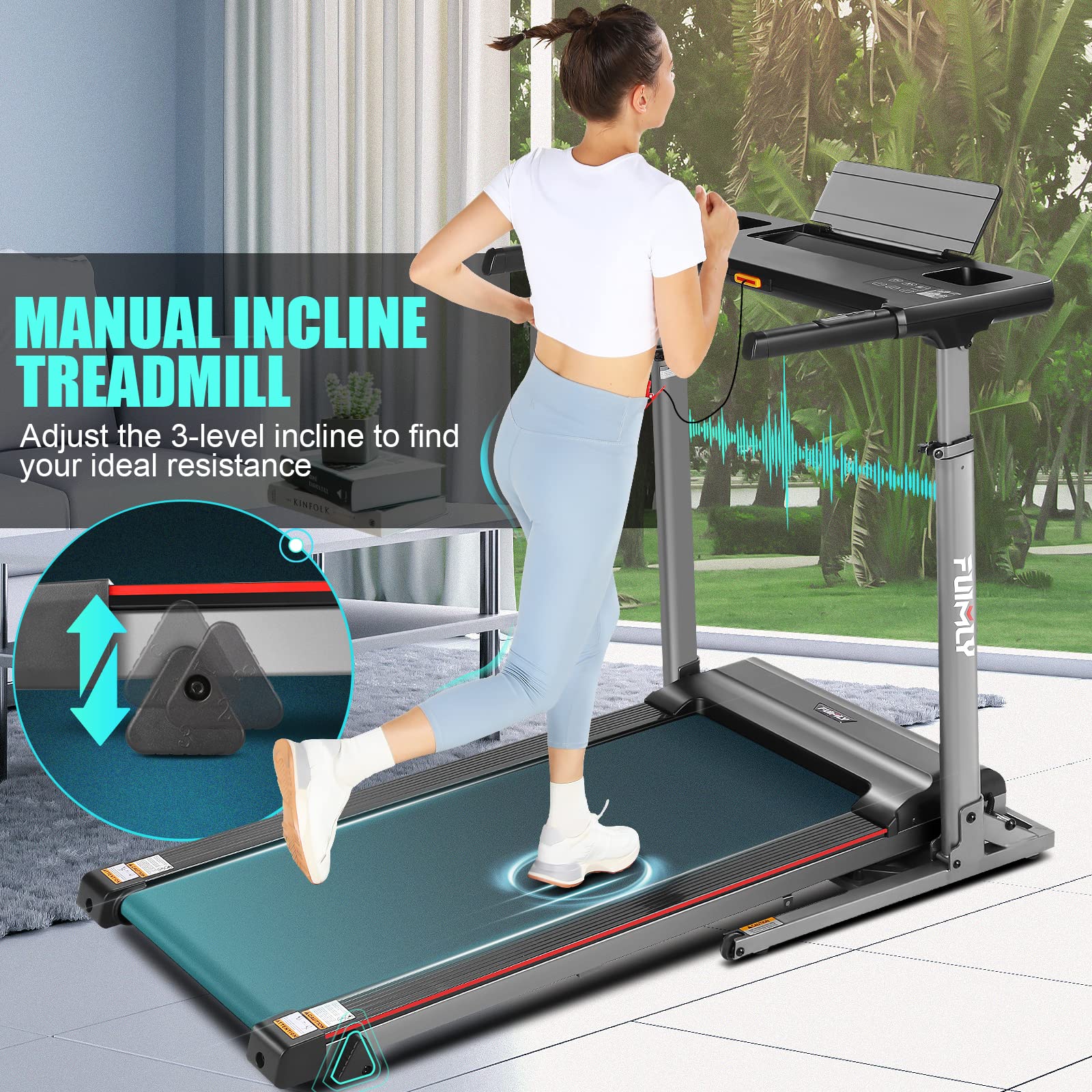 Folding Treadmill with Desk & Adjustable Height, 300 LBS Weight Capacity, Heavy-Duty Treadmill with Incline, Bluetooth Speaker & App Control, Electric Walking Machine Running Treadmill for Home
